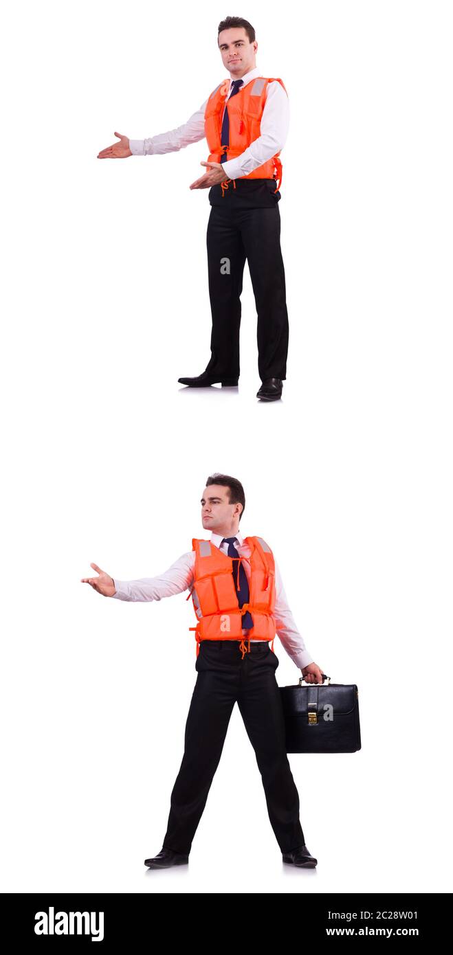 Man in life-jacket isolated on white Stock Photo - Alamy