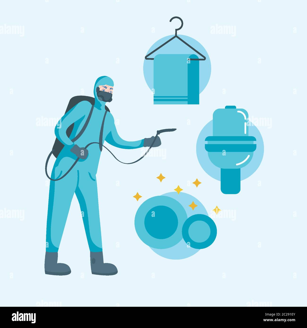 Man with protective suit and icon set design, Disinfection service and ...