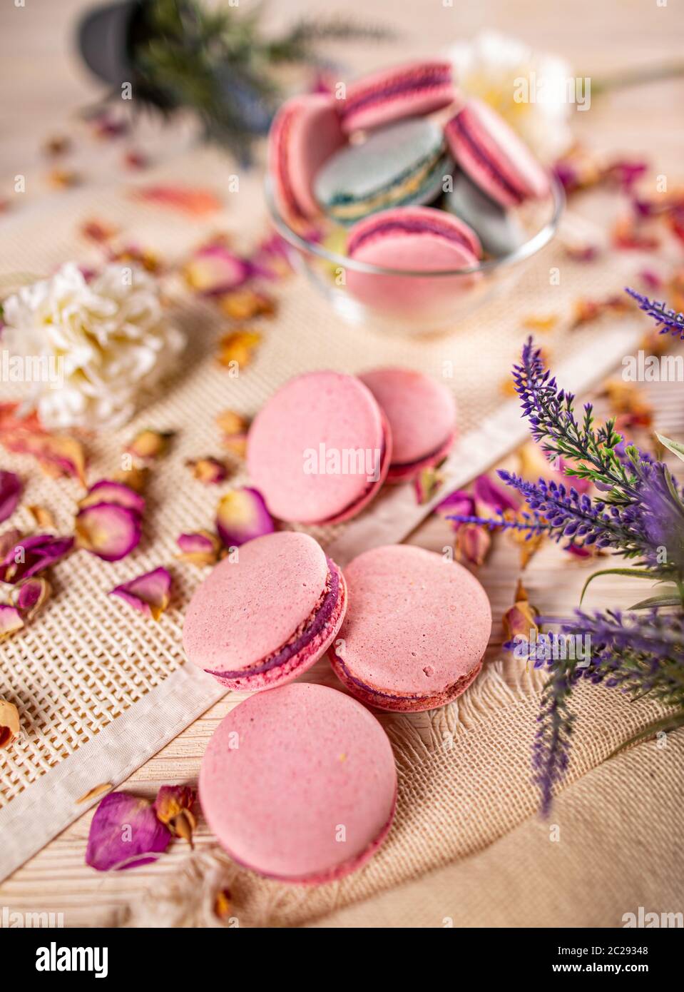 Still life of French macarons dessert. French almond meringue cookies ...