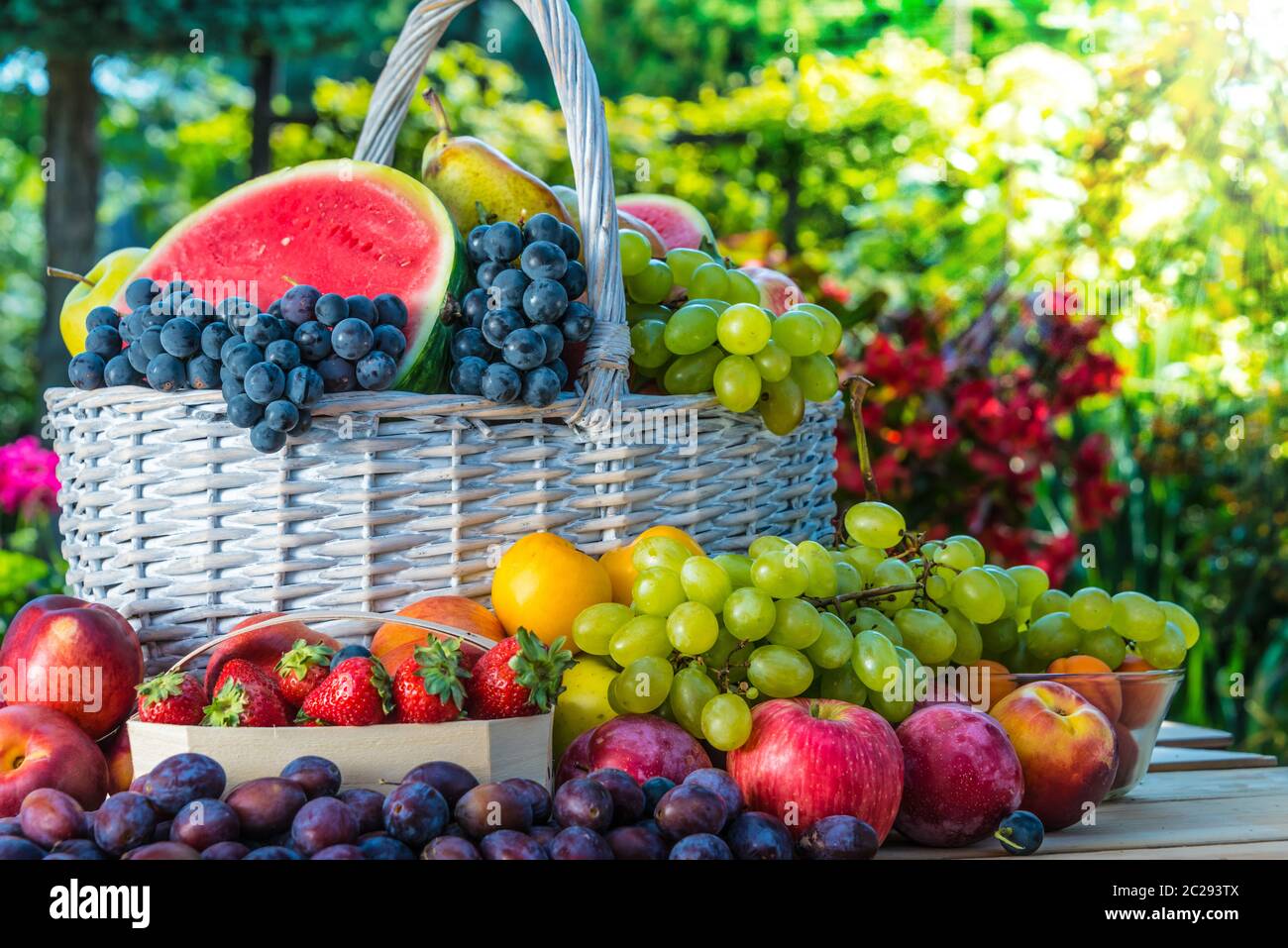 Variety of fresh ripe fruits in the garden. Balanced diet Stock Photo ...