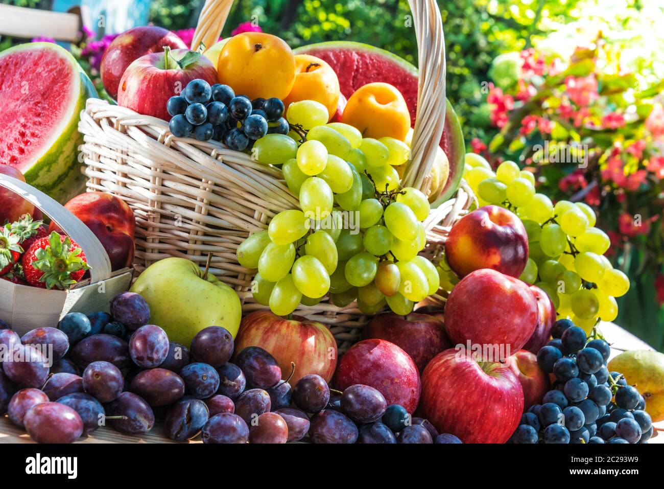 Variety of fresh ripe fruits in the garden. Balanced diet Stock Photo ...