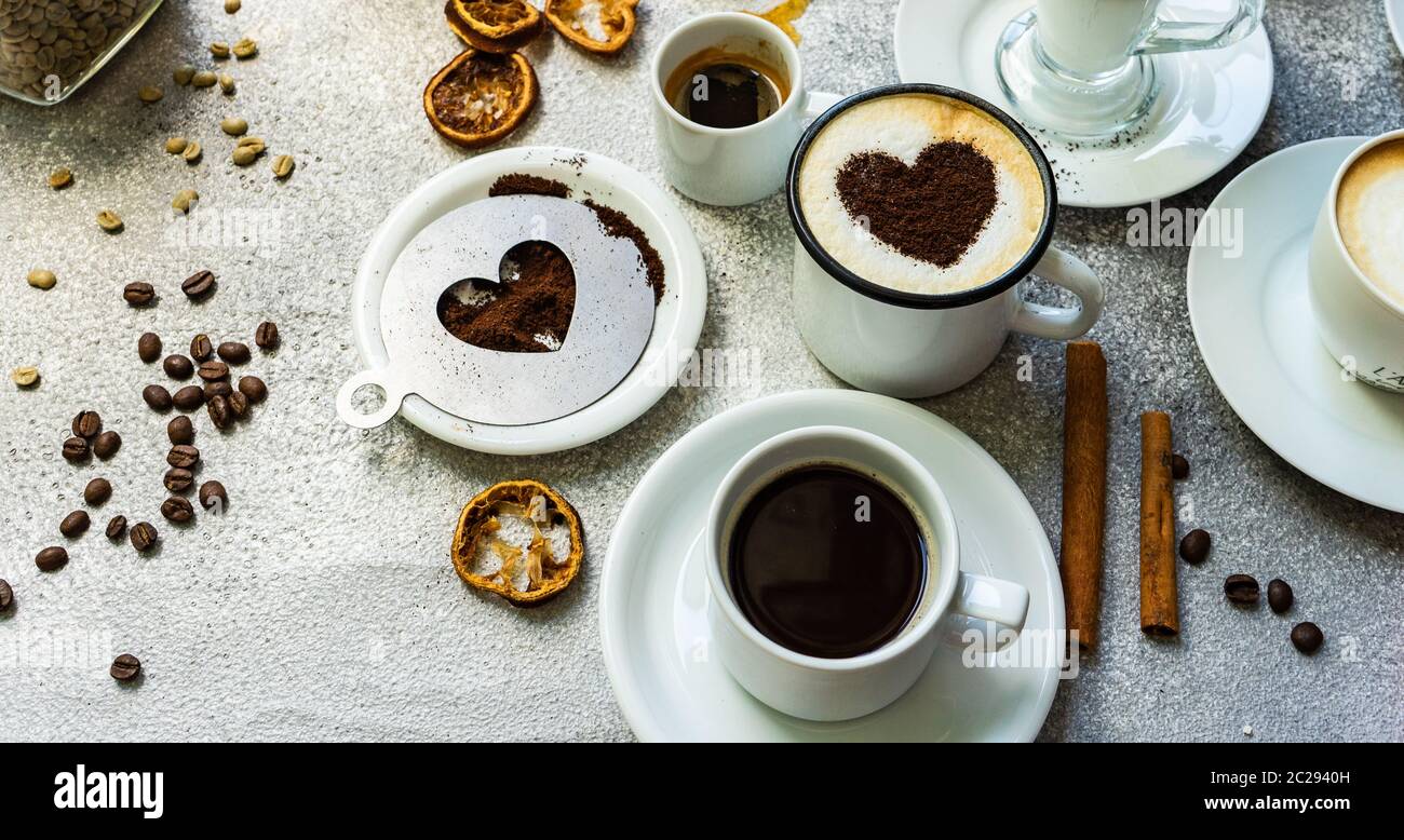 Variety of coffee drink types Stock Photo - Alamy