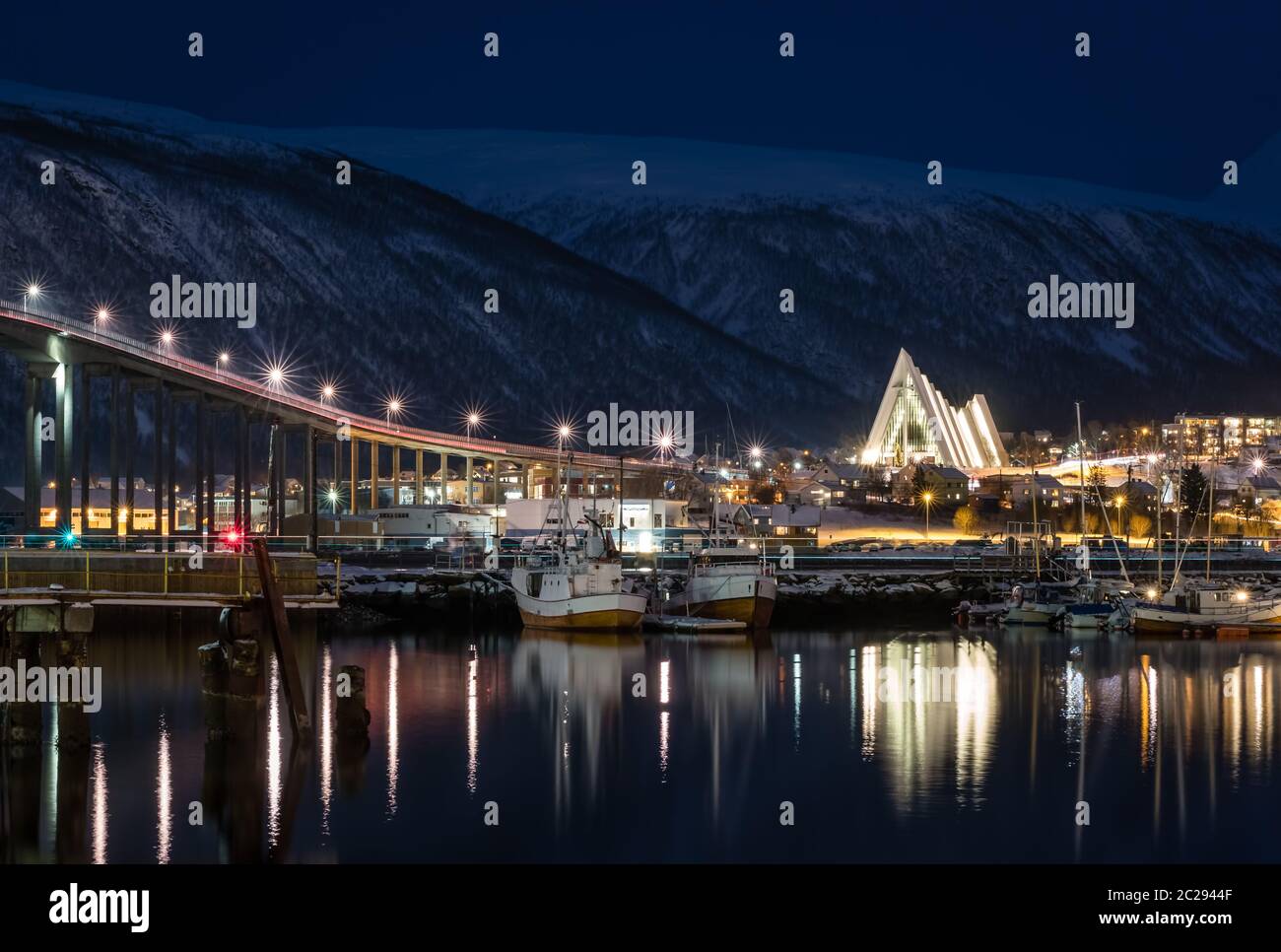 Tromso Harbour and Arctic Cathedral at night, Norway Stock Photo - Alamy