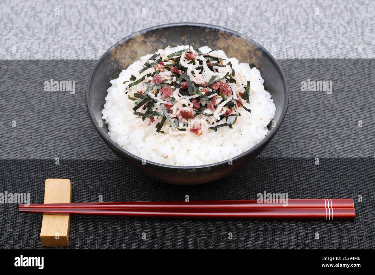 Japanese food, Shirasu and umeboshi on cooked white rice Stock Photo ...