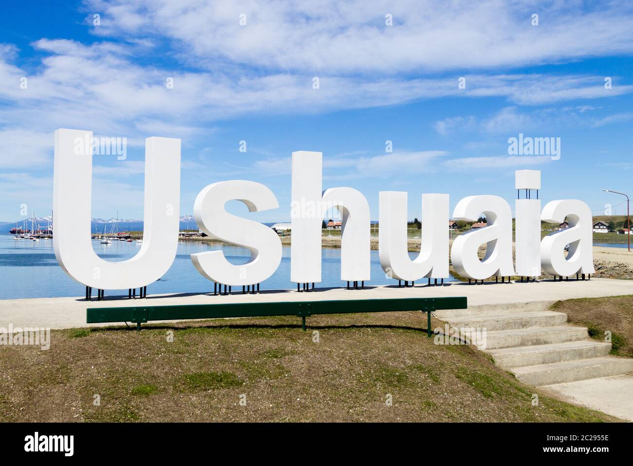 Ushuaia landmark. Ushuaia written in white letters. Southernmost city ...