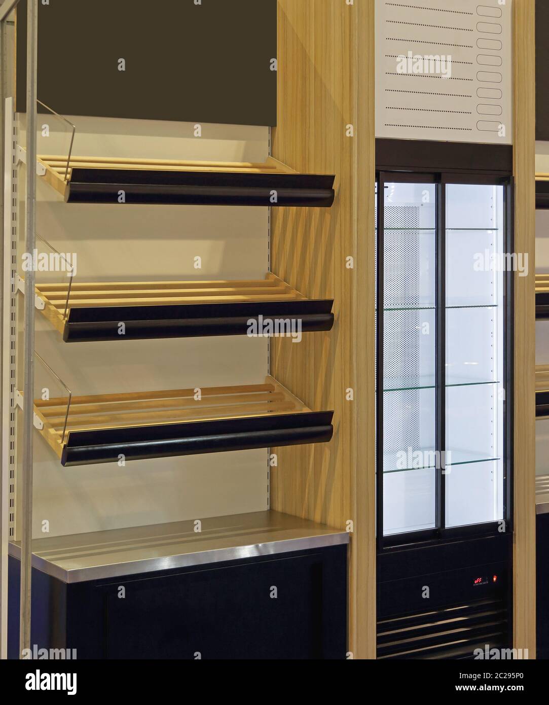 Empty Wooden Shelf for Bread and Display Fridge in Bakery Shop Stock ...