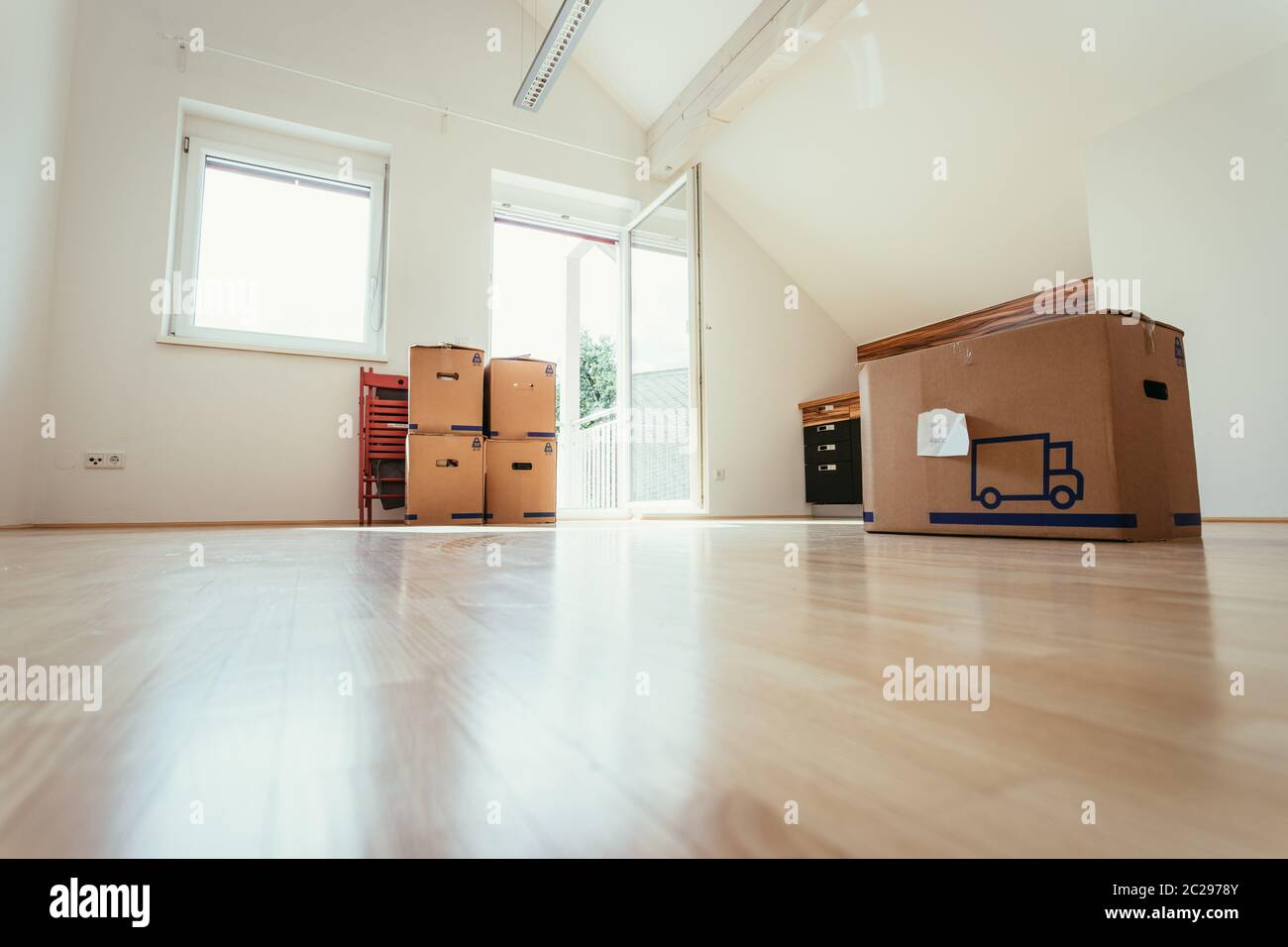 Move. Cardboard, boxes for moving into a new, clean and bright home ...