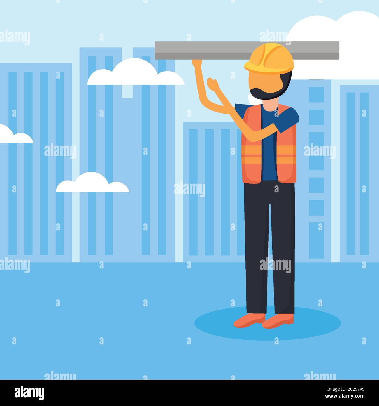 constructer man with helmet at city design, Workers actions working ...