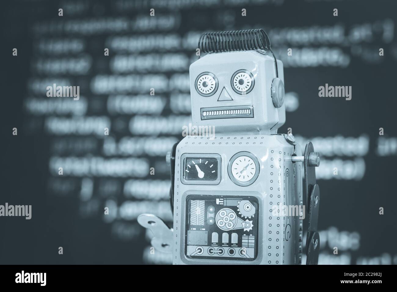 Symbol for a chatbot or social bot and algorithms, program code in the background Stock Photo ...