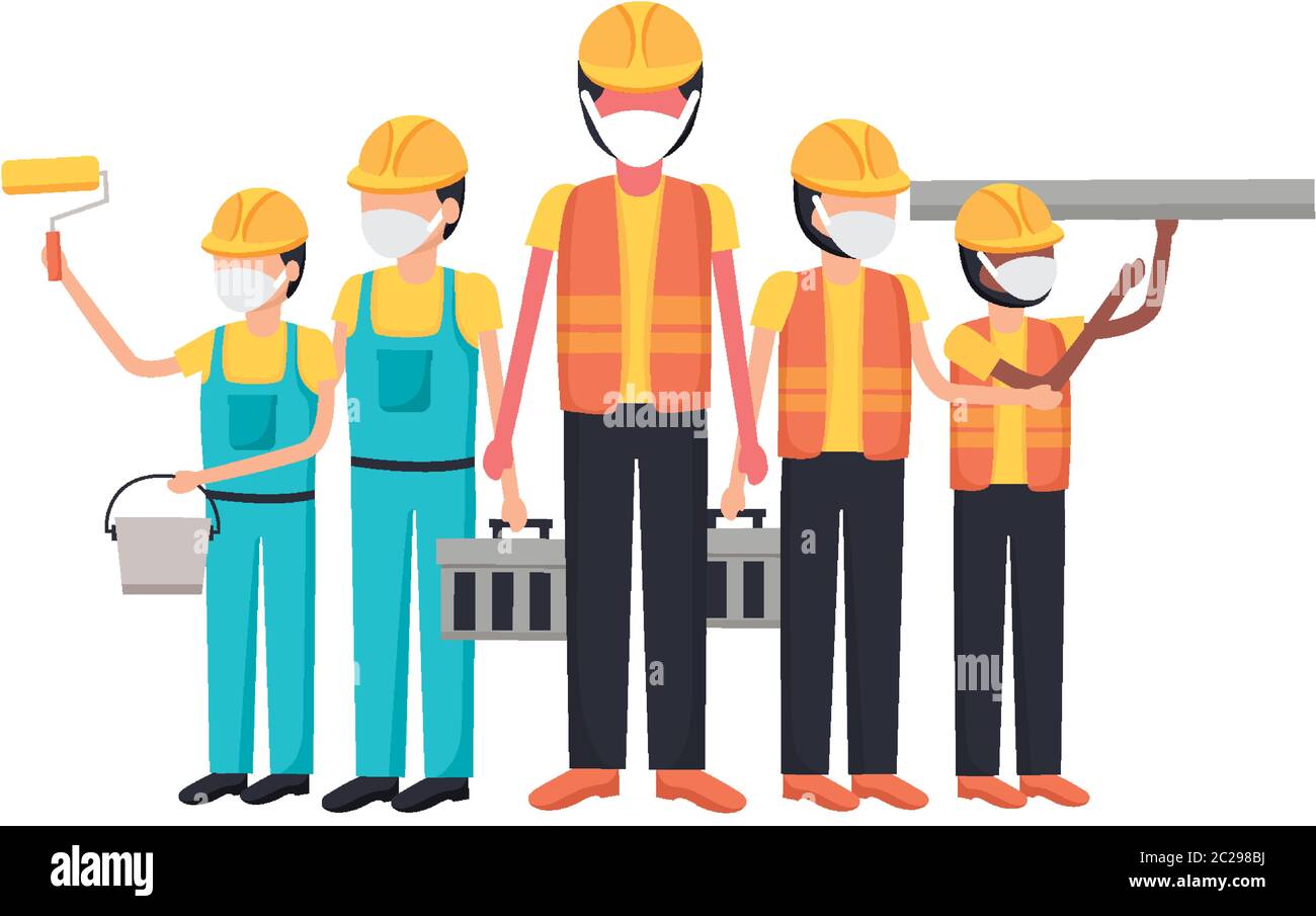 constructers men with masks design, Workers occupation and job theme ...