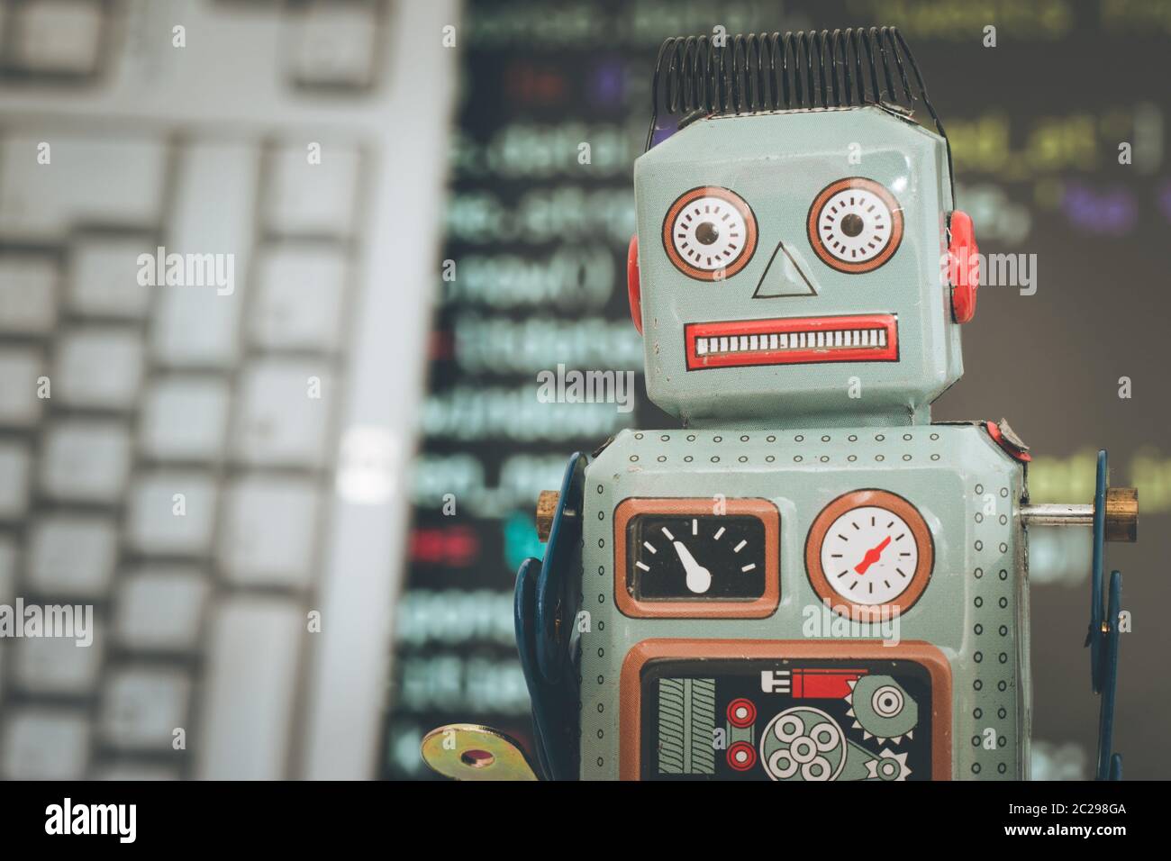 Symbol for a chatbot or social bot and algorithms, program code in the background Stock Photo ...