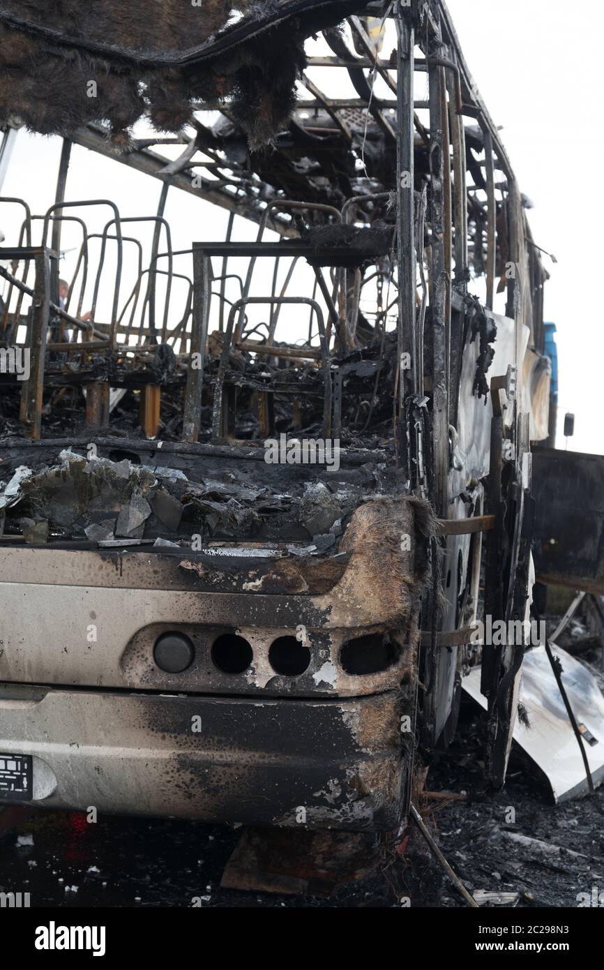 Burned Coach Bus Vehicle at Highway Accident Stock Photo - Alamy