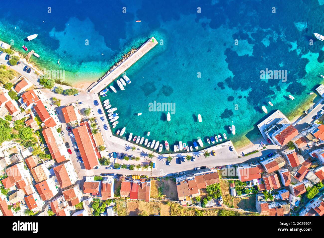 Idyllic coastal village of Racisce on Korcula island aerial view ...