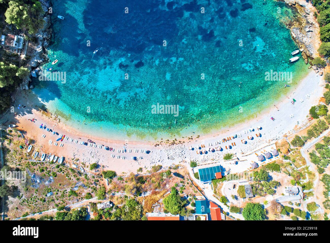 Aerial view of Korcula island beach in Pupnatska Luka cove, southern ...
