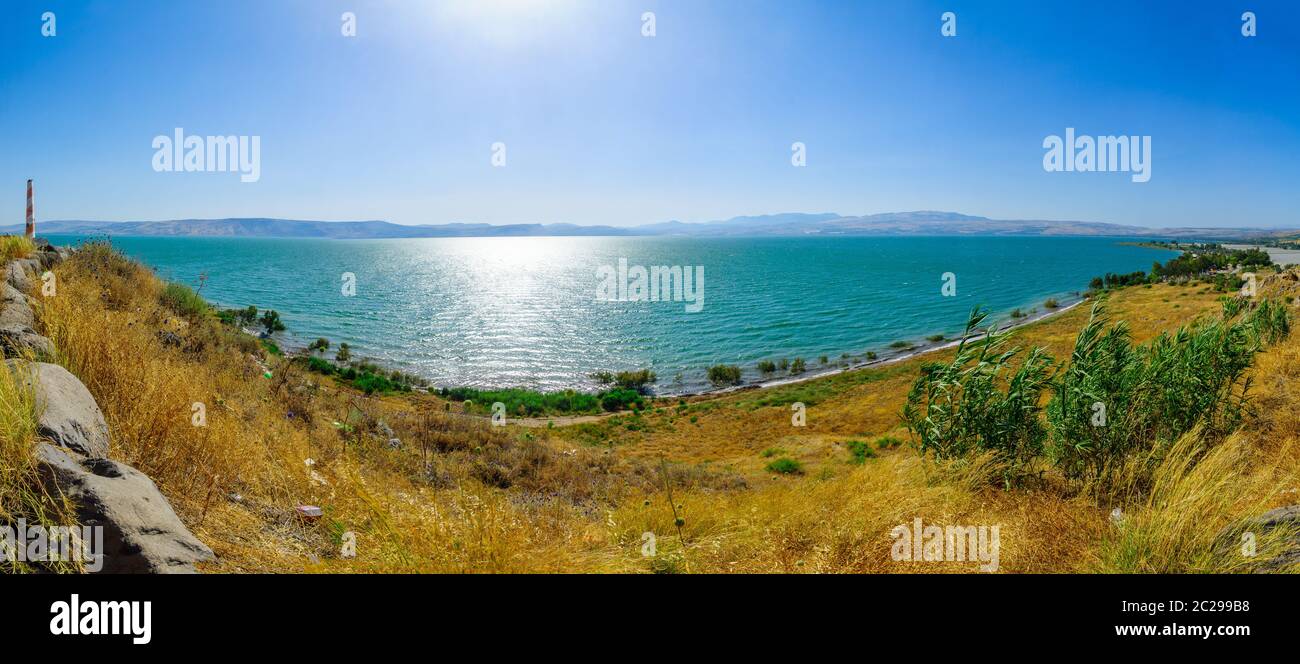 Panoramic view from the east of the Sea of Galilee with high water ...