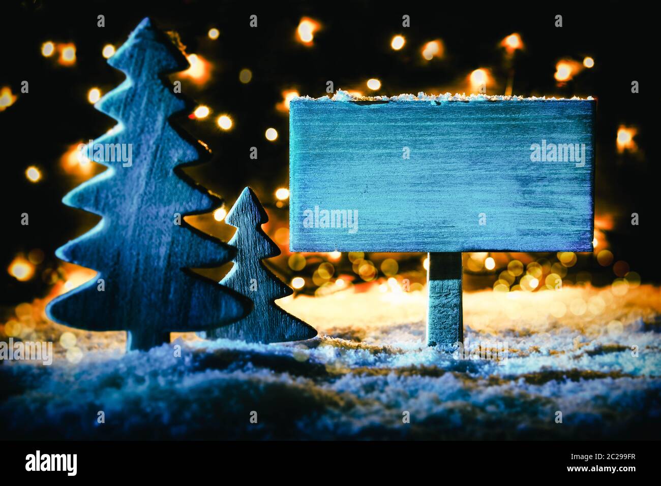 Wooden Sign With Copy Space For Advertisement. Christmas Tree On Snow ...
