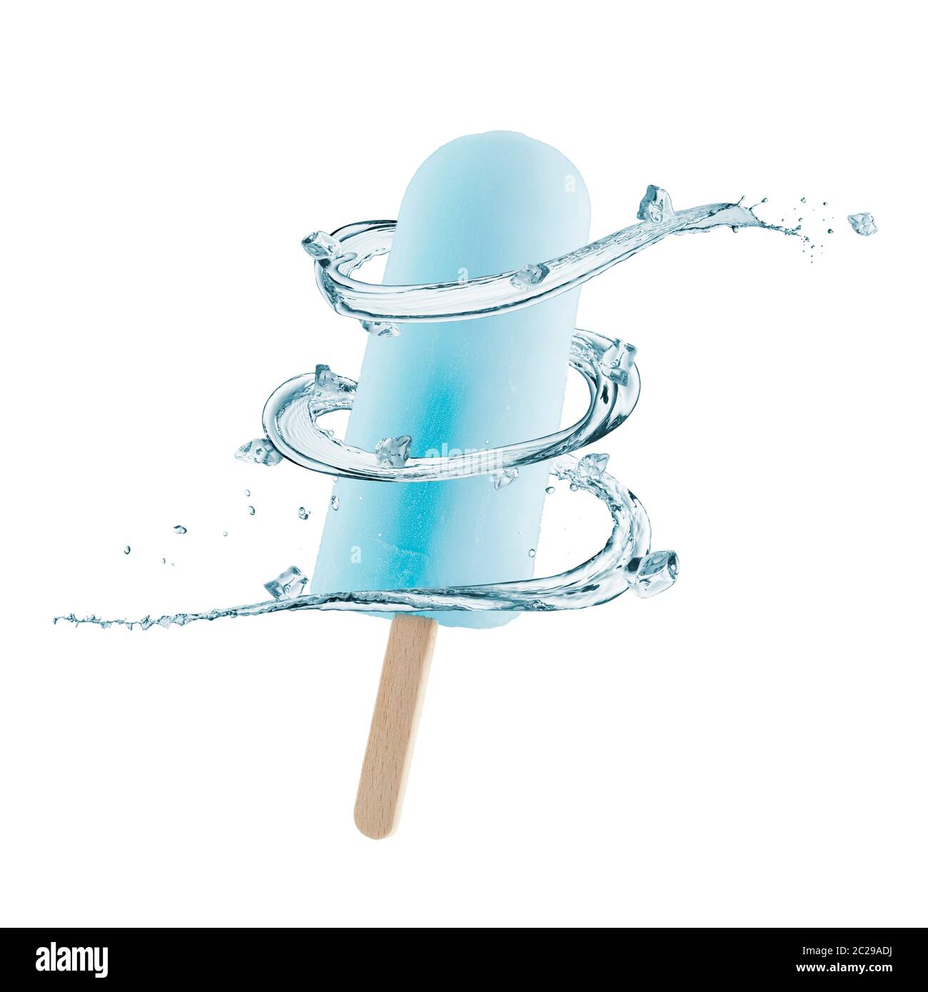 ice lolly with water splash and ice cube around it, isolated on white ...