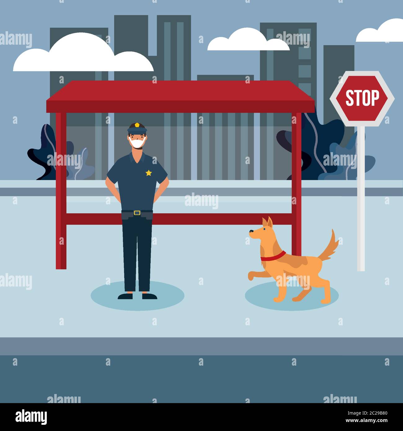 police man with mask at bus stop with dog design, Workers occupation ...