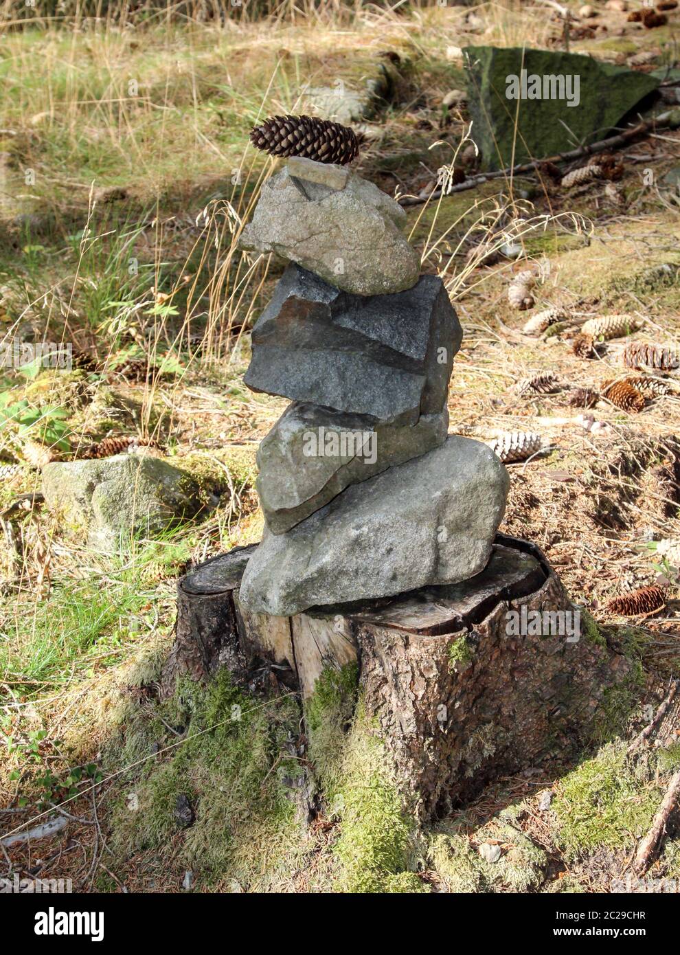 Stones as a pyramid stacked on a tree stump Stock Photo - Alamy