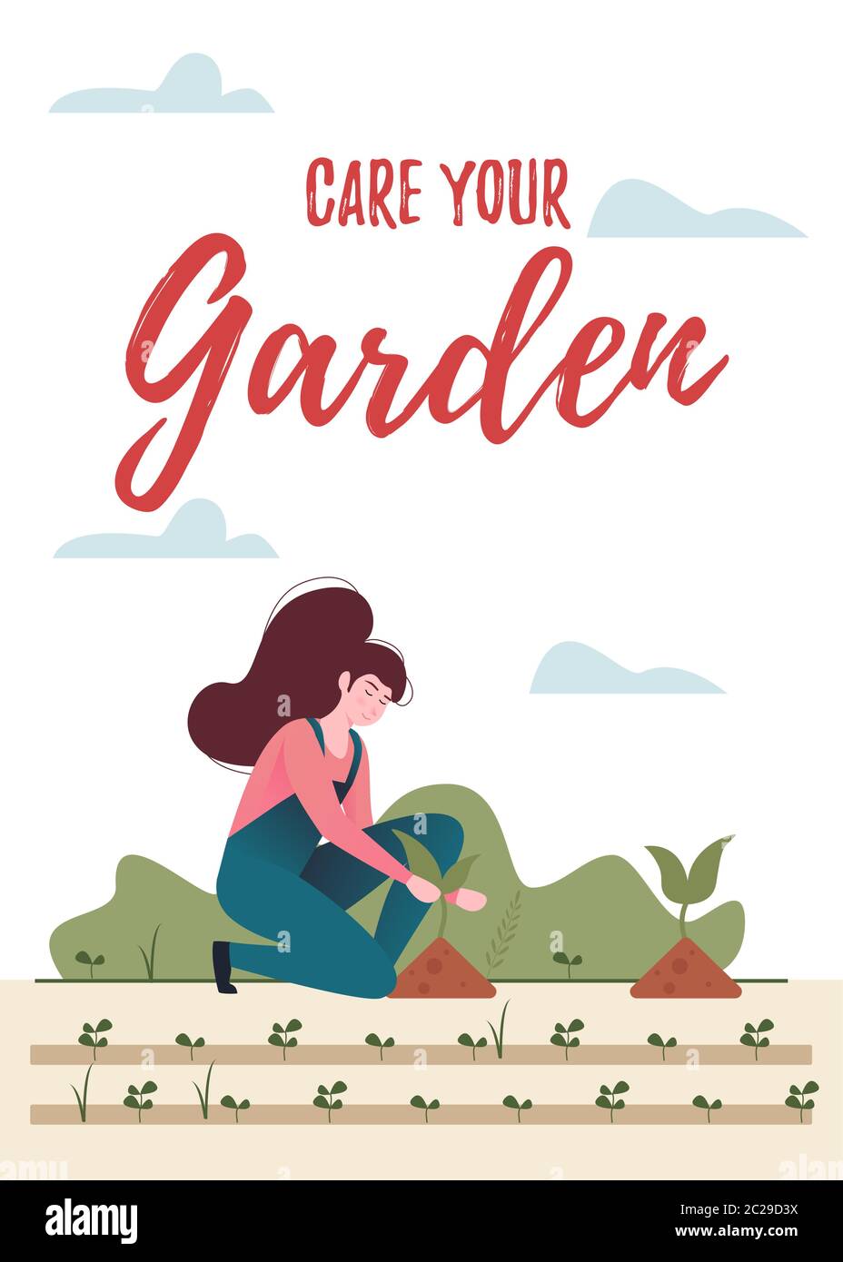 Woman gardening. Cartoon girl planting gardens, seedlings, flowers on ...