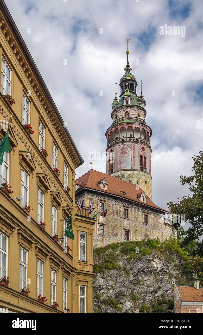 Cesky Krumlov castle tower, Czech republic Stock Photo - Alamy