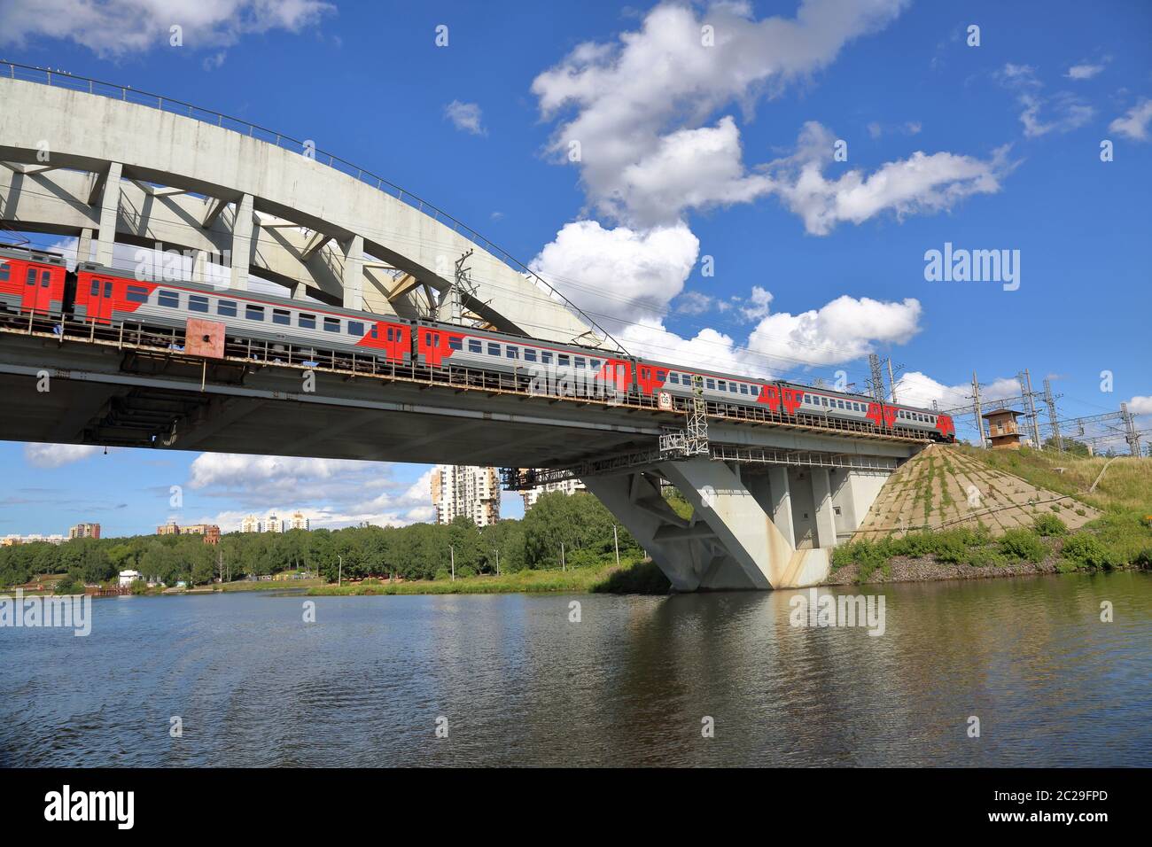 Transport bridge across the widest river in the Russian capital, Moscow ...
