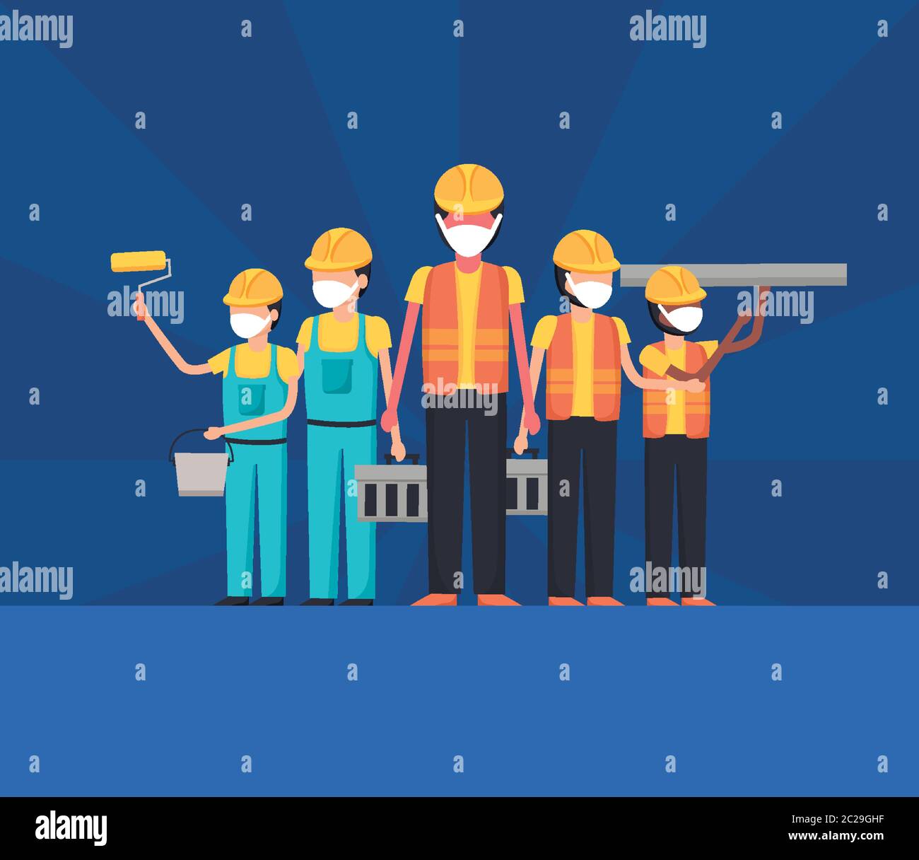 constructers men with masks design, Workers occupation and job theme ...