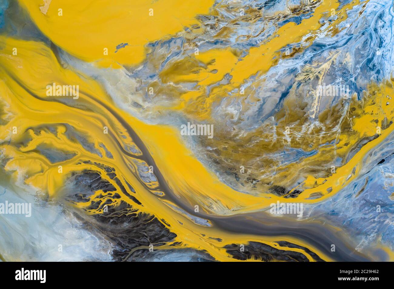 Degraded landscape. Destroyed land. View from above. Surrealistic lake ...