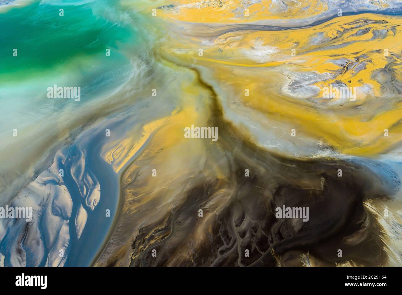 Degraded landscape. Destroyed land. View from above. Surrealistic lake ...