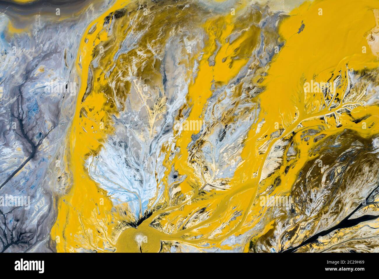 Degraded landscape. Destroyed land. View from above. Surrealistic lake ...