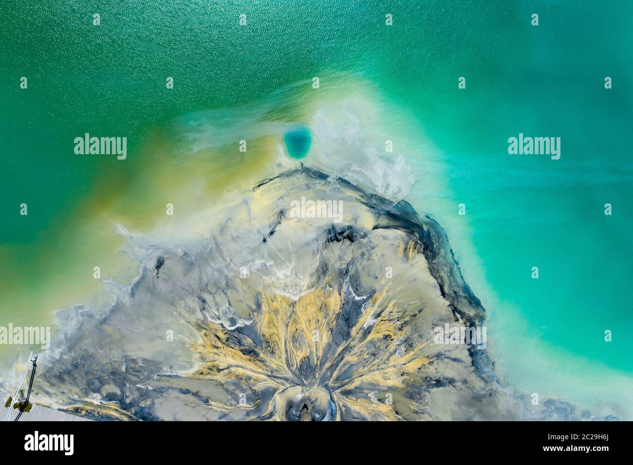 Degraded landscape. Destroyed land. View from above. Surrealistic lake ...
