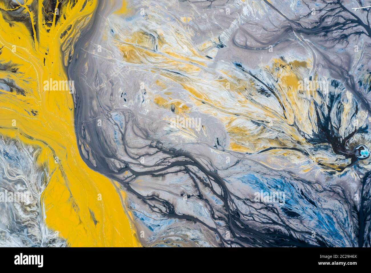 Degraded landscape. Destroyed land. View from above. Surrealistic lake ...