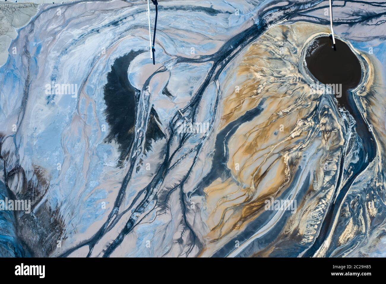 Degraded landscape. Destroyed land. View from above. Surrealistic lake ...