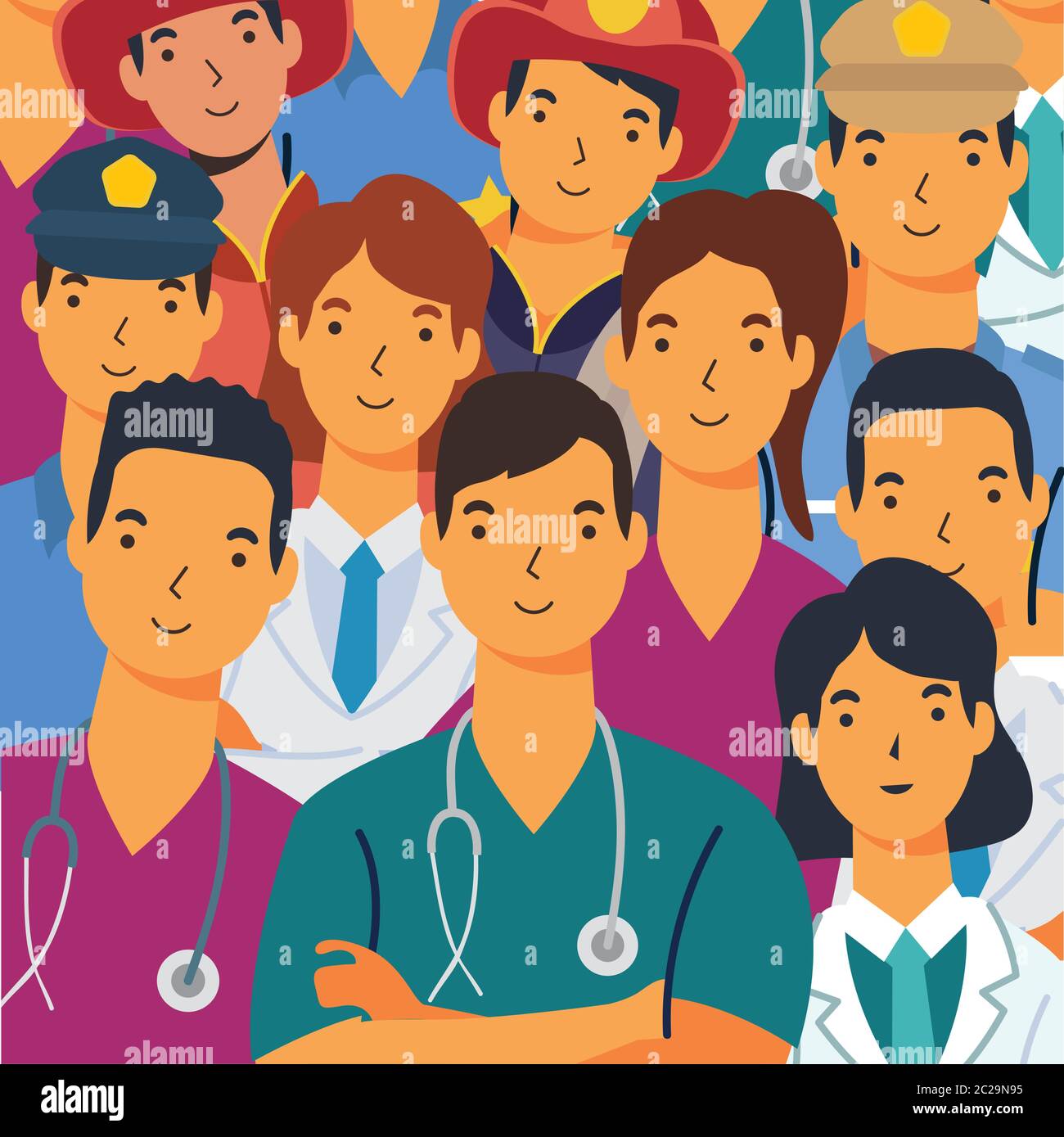 male and female doctors police and firefighters with uniforms design of ...