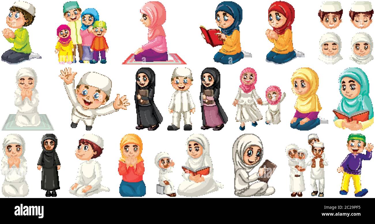 Set of different muslim people cartoon character isolated on white ...