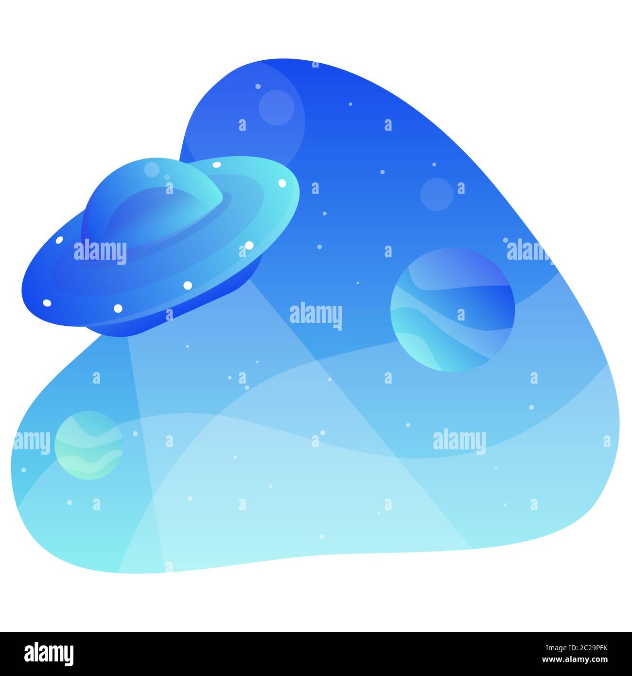 Ufo flying spaceship in space with the planets. Blue modern sky. Alien ...