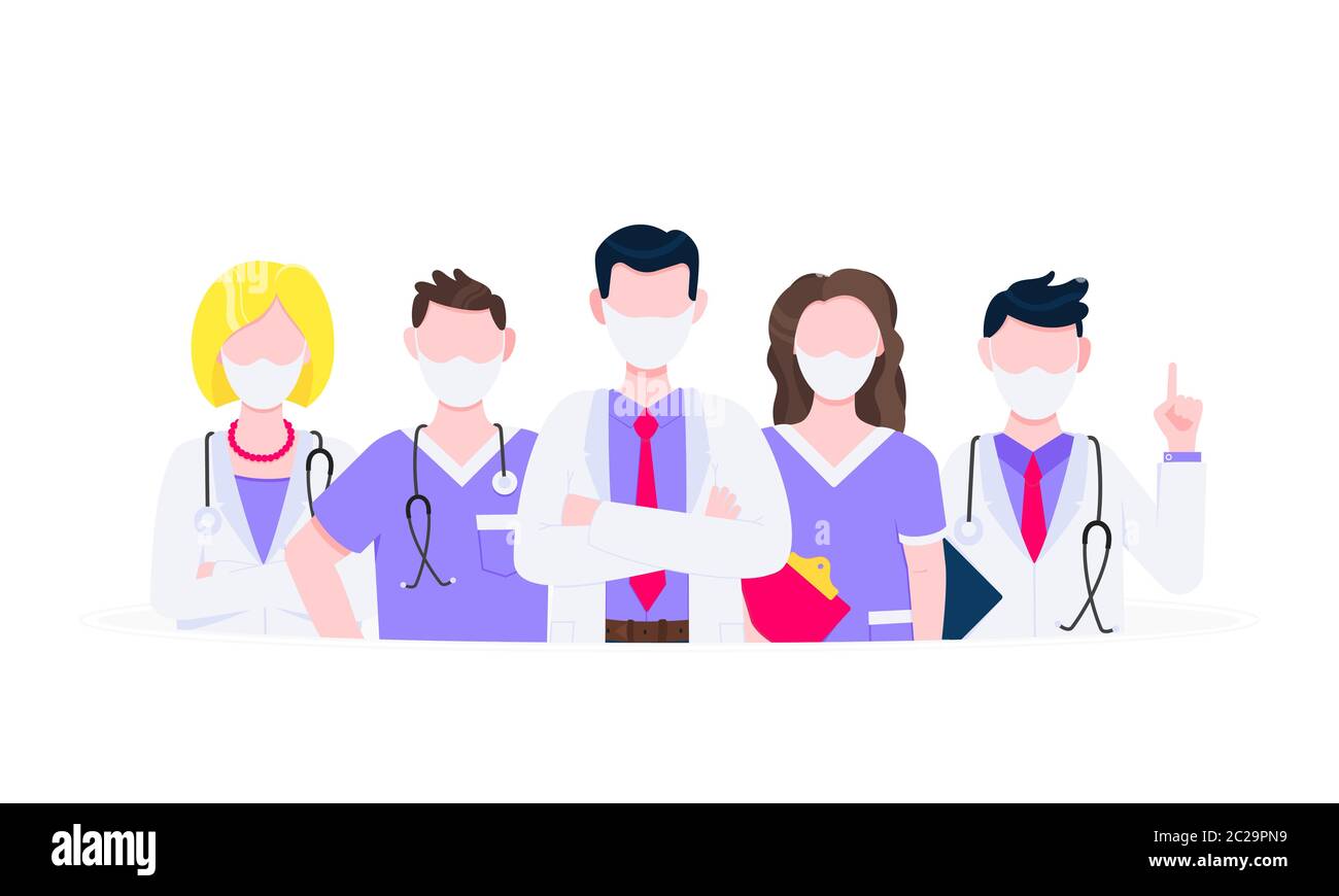 Successful team of medical employee doctors with face masks vector ...