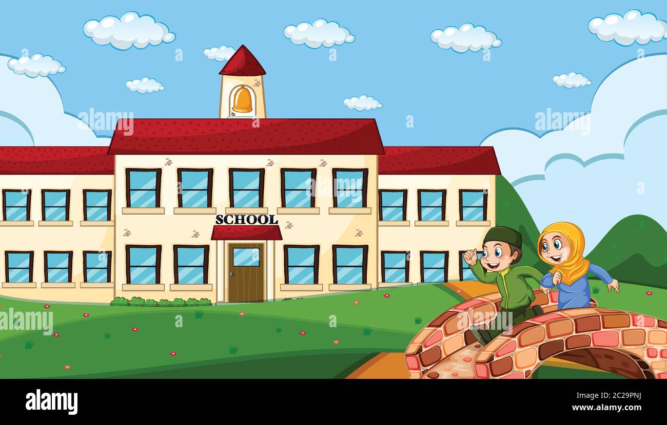 Muslim student in front of school illustration Stock Vector Image & Art ...