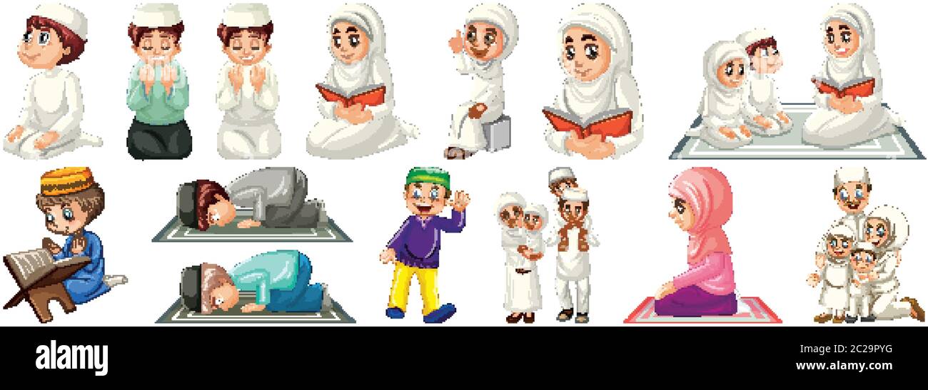 Set of different muslim people cartoon character isolated on white ...