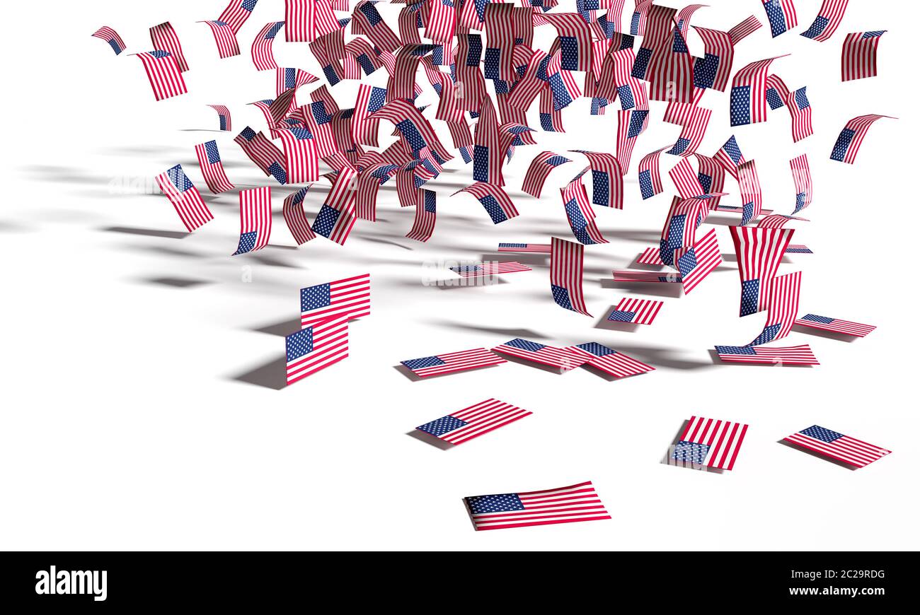 Many notes, flag rain and flags from the USA falling to the ground ...