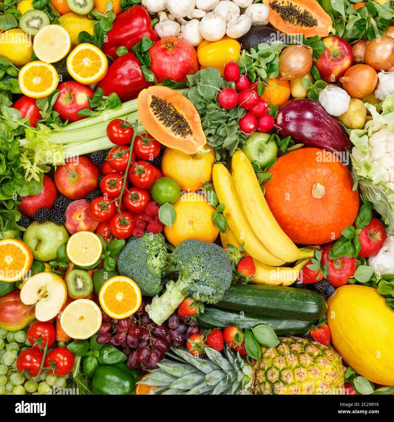 Fruits and vegetables collection food background square apples oranges ...