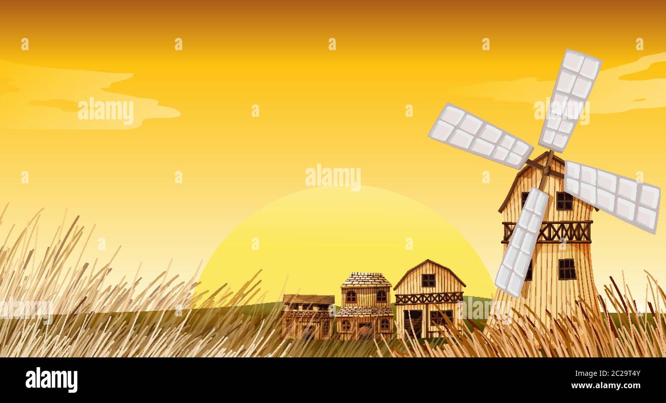 Windmill in yellow farm scene background illustration Stock Vector ...
