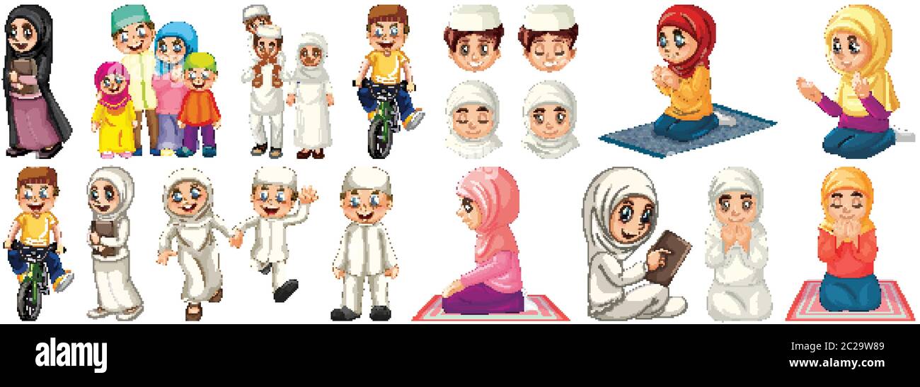 Set of different muslim people cartoon character isolated on white ...