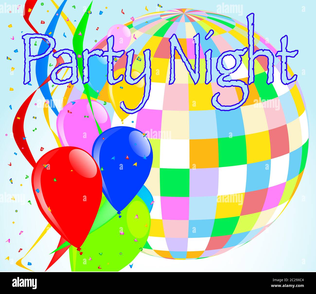 A party night background with balloons and a large disco ball Stock ...