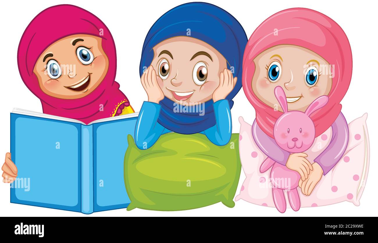 Arab muslim kids in sleeping traditional clothing sitting isolated on ...