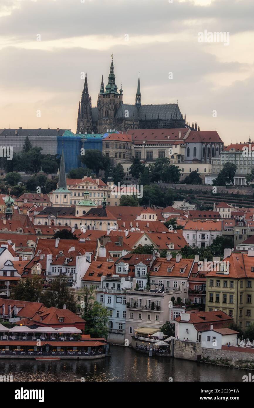 prague castle sunset viewed from the old bridge tower observation deck ...