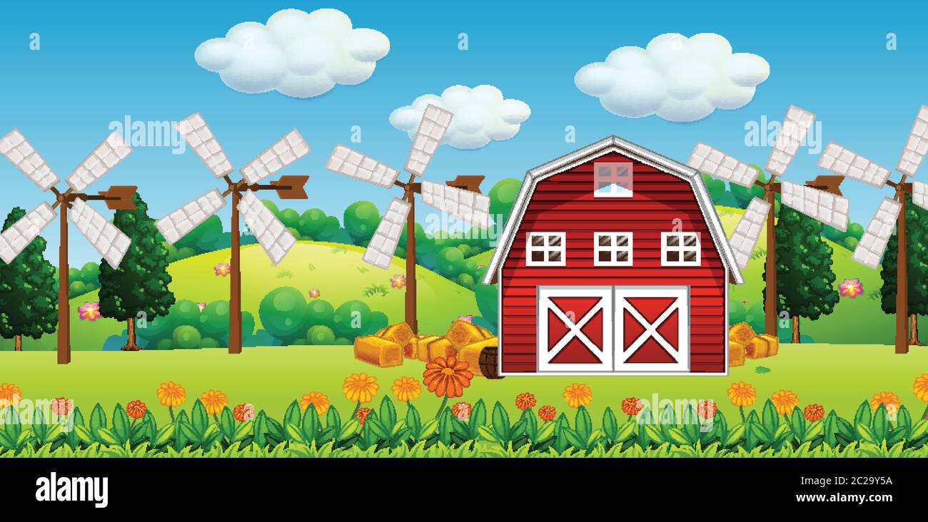 Farm scene in nature with barn and windmill illustration Stock Vector ...