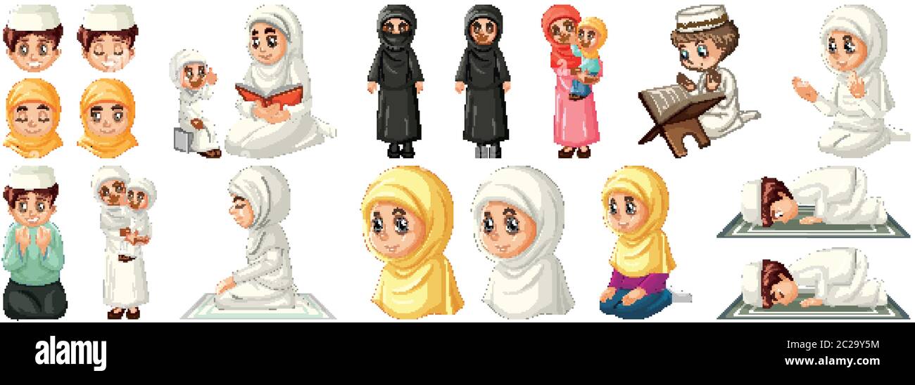 Set of different muslim people cartoon character isolated on white ...