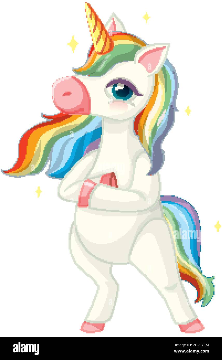 Cute rainbow unicorn in standing position on white background ...