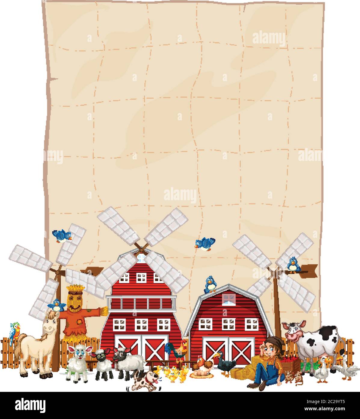 Blank paper with barn and windmill and animal farm set isolated ...